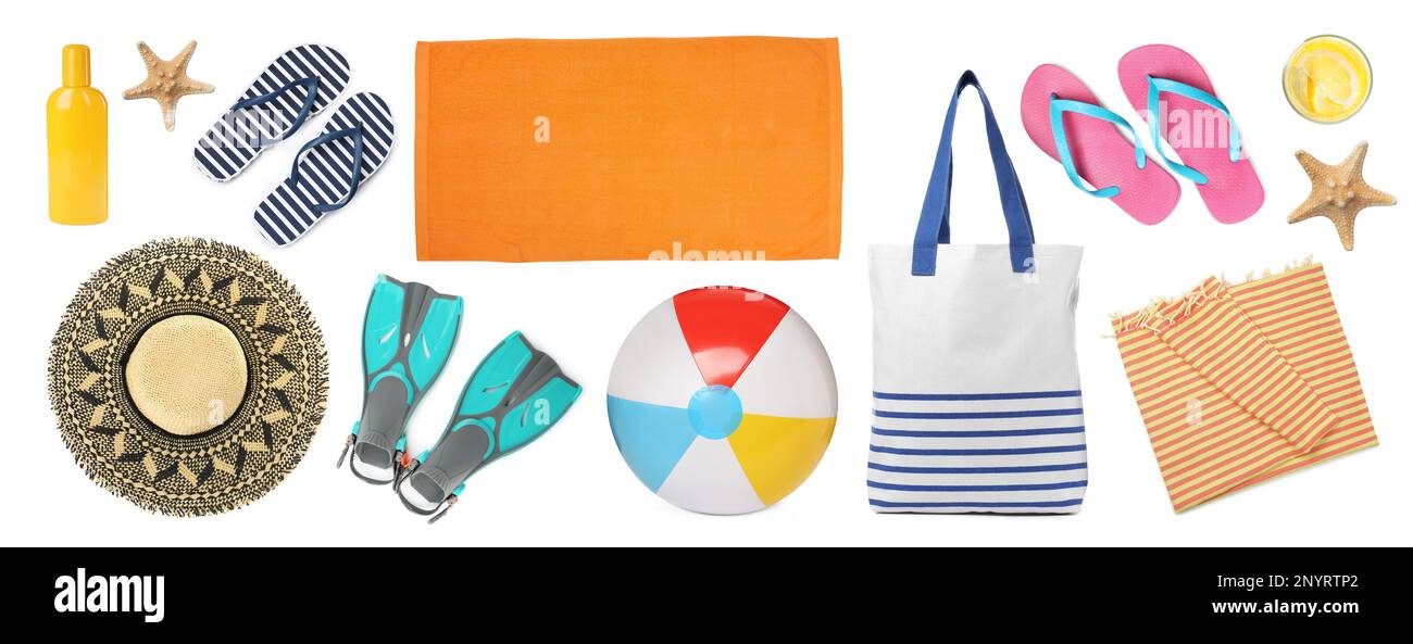 Set with towel and other beach accessories on white background. Banner ...