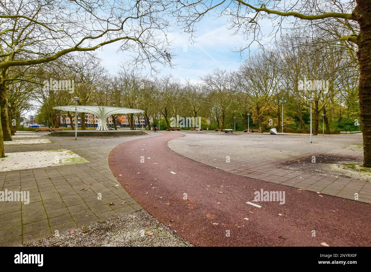 an empty park with no people on the path, and some trees in the fore ...
