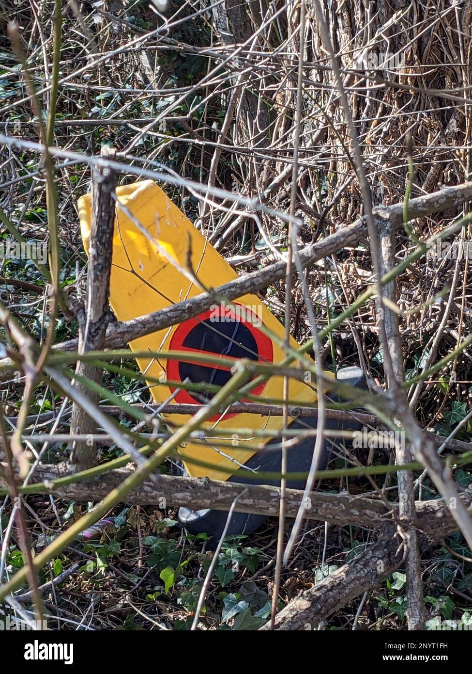 A Abandoned Warning Road Sign the has Been Tipped Over and Discarded ...