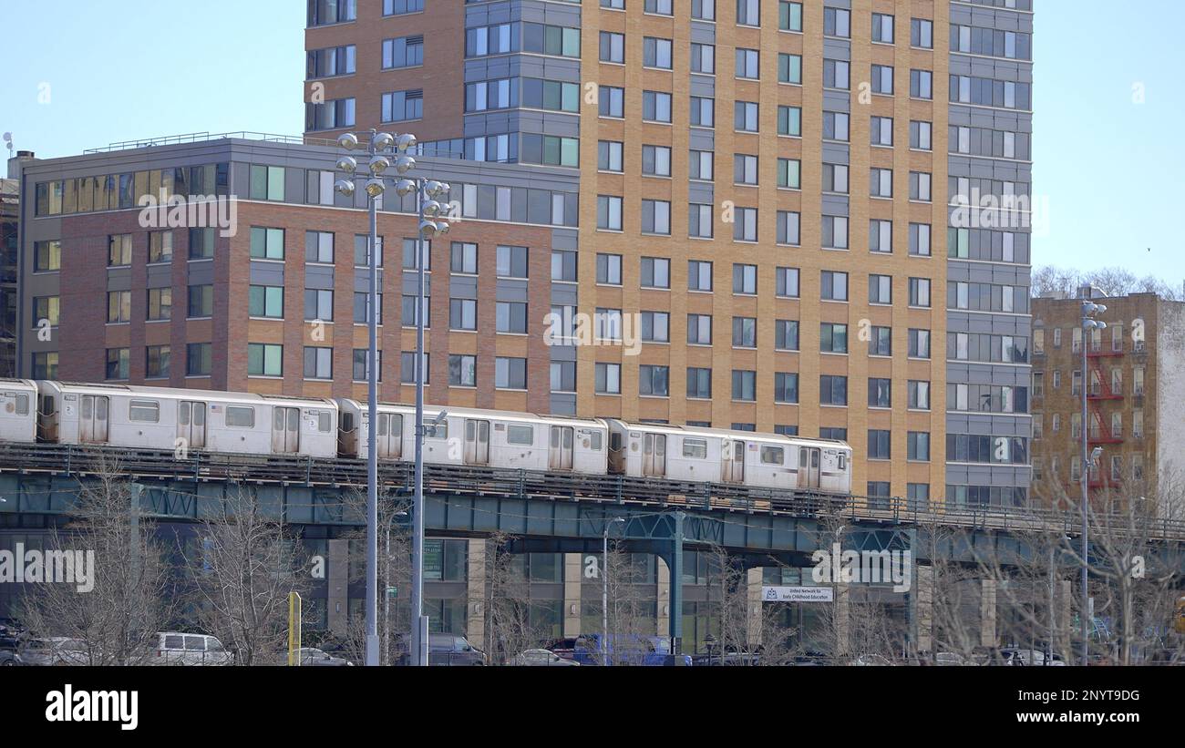 Subway train running outside in New York - street photography Stock ...