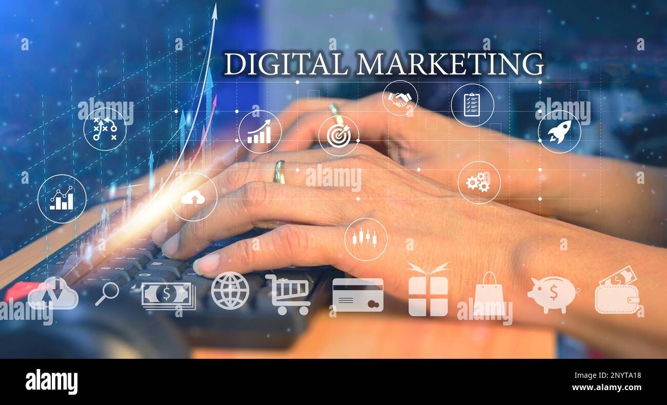 Concept showing signs and icons of digital marketing, internet ...