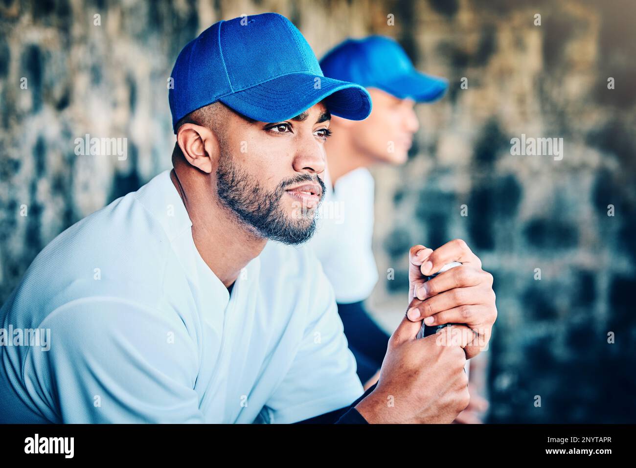 Baseball player, stadium dugout and sport training focus of a athlete ...