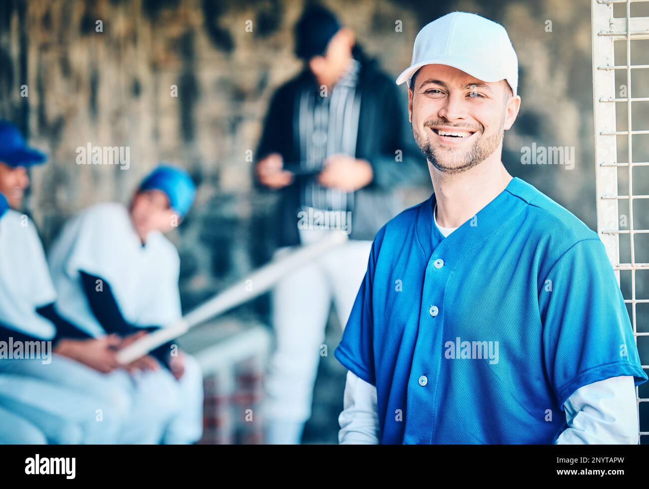 Baseball player, portrait and field stadium dugout with softball team ...