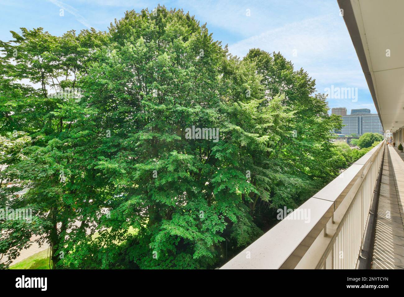 a balcony with trees and buildings in the background, taken from an ...