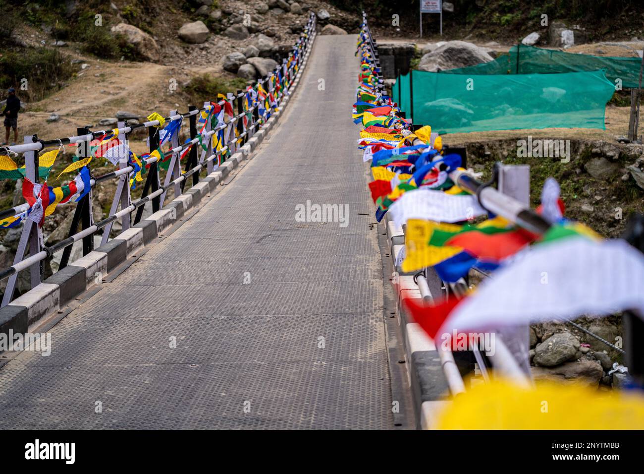 Sacred religious multicolored prayer flags placed on both sides of ...