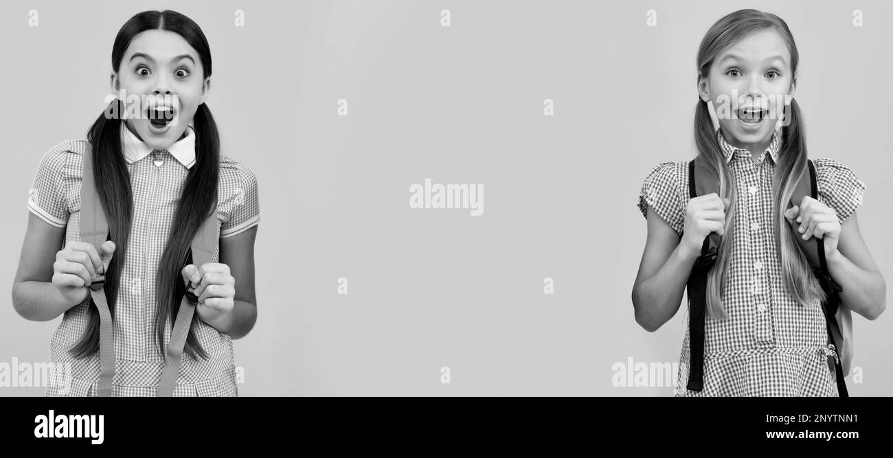 School girls friends. Wow. Shocked school friends yellow background ...