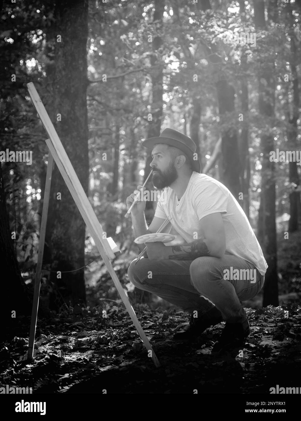 Capture moment. Bearded man painter looking for inspiration autumn ...