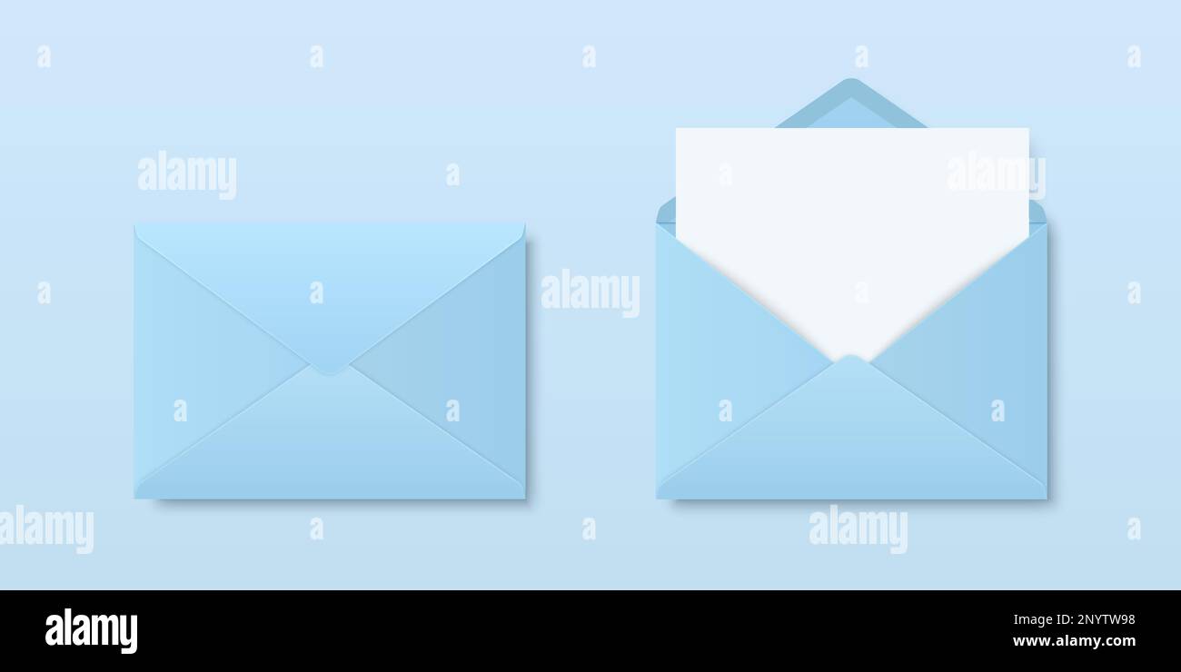 Vector Realistic Blank Blue Closed, Opened Envelopes with Letter Inside. Folded, Unfolded White ...