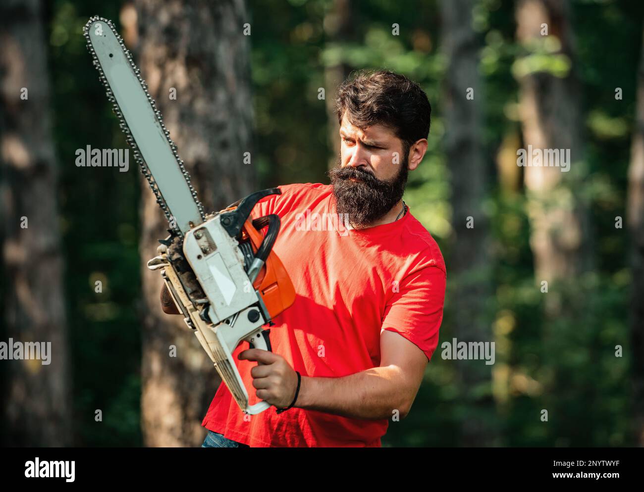 Lumberjack worker with chainsaw in the forest. Lumberjack in the woods ...