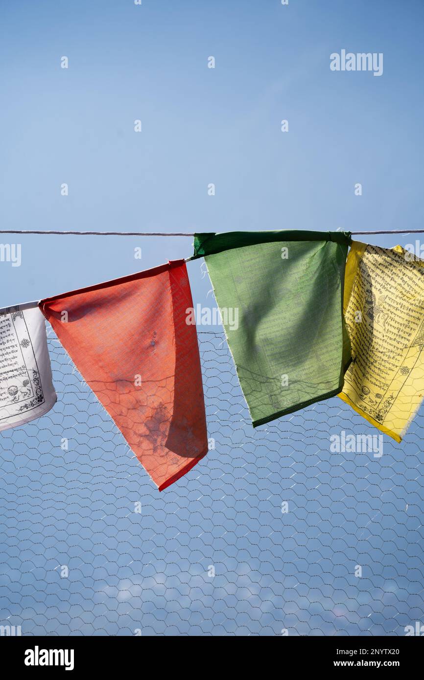 sacred religious multicolored prayer flags on fence moving in the wind ...