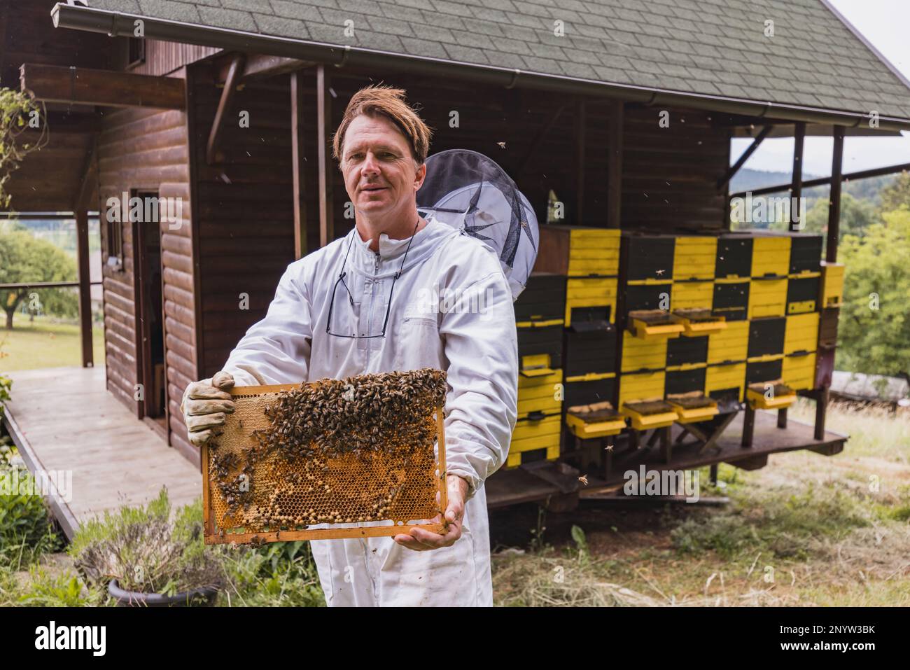 Beekeeper in full protective gear standing in front of beehive boxes ...
