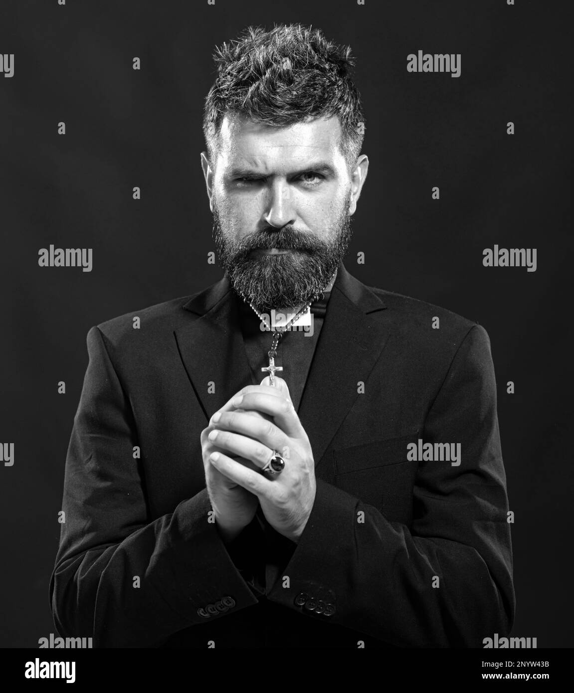 Portrait of monk man priest with pray. Praying oblation. Senior ...