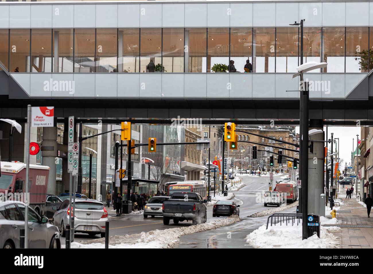 Ottawa, Canada - January 23, 2023: Rideau street with public bus stop ...