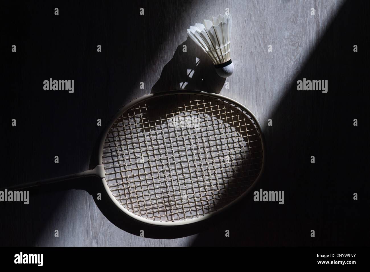 Badminton racket and shuttlecock on grey background. Horizontal sport ...