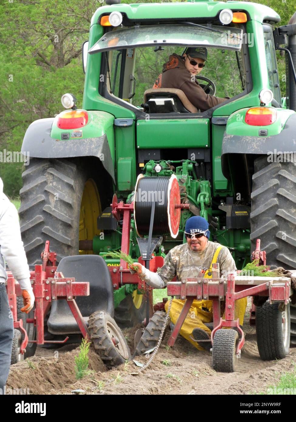 In this May 2017 photo, a tractor-pulled tree-planting unit creates a ...