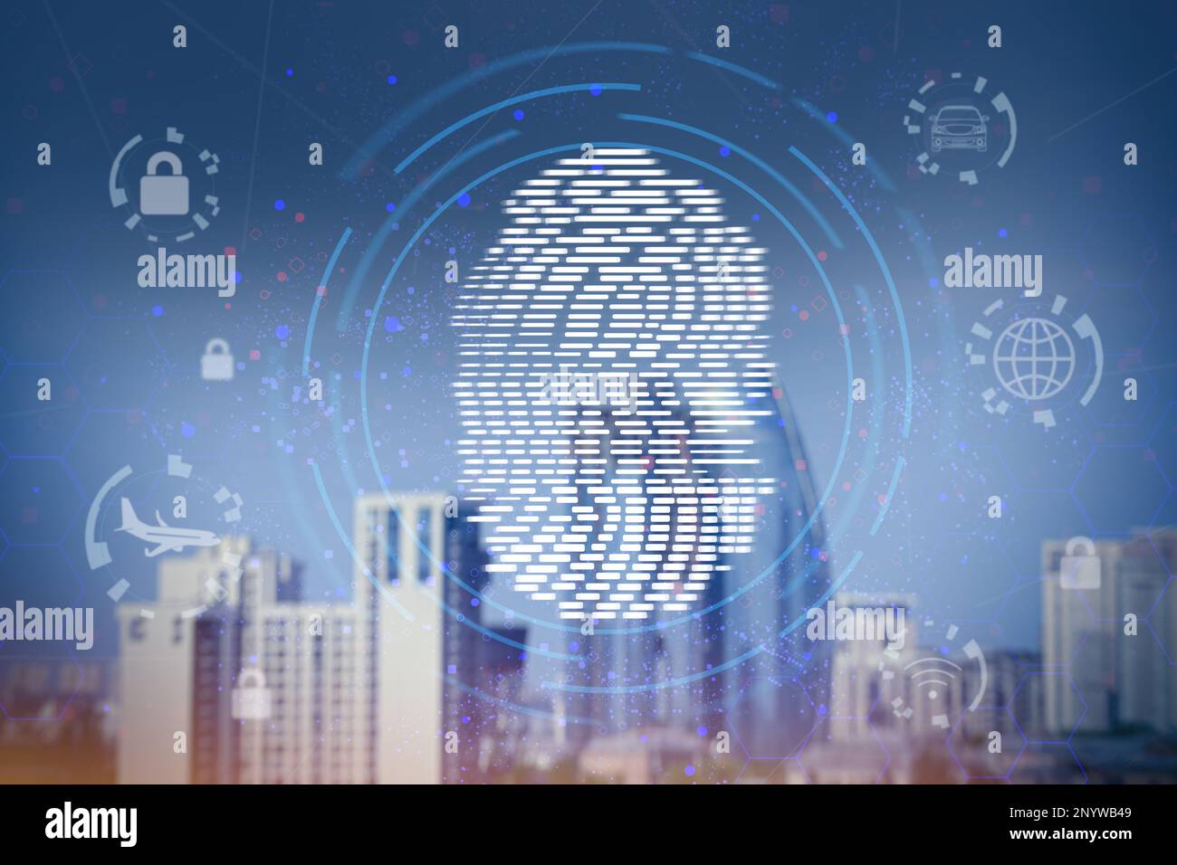 Fingerprint identification. Beautiful view of cityscape with modern ...