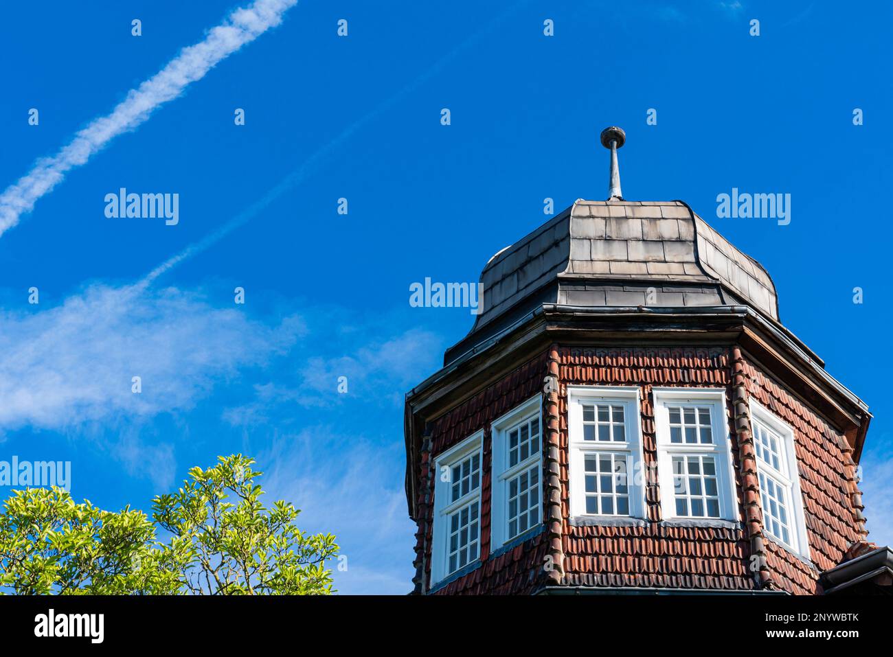 Polygonal turret of a residential building under a tiled roof with ...