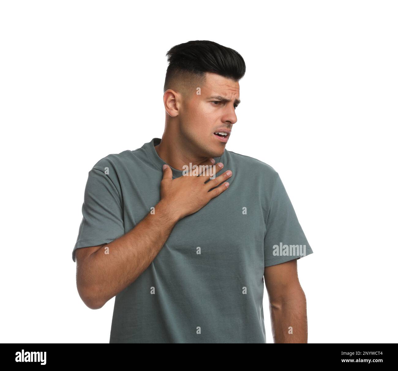 Man suffering from pain during breathing on white background Stock ...