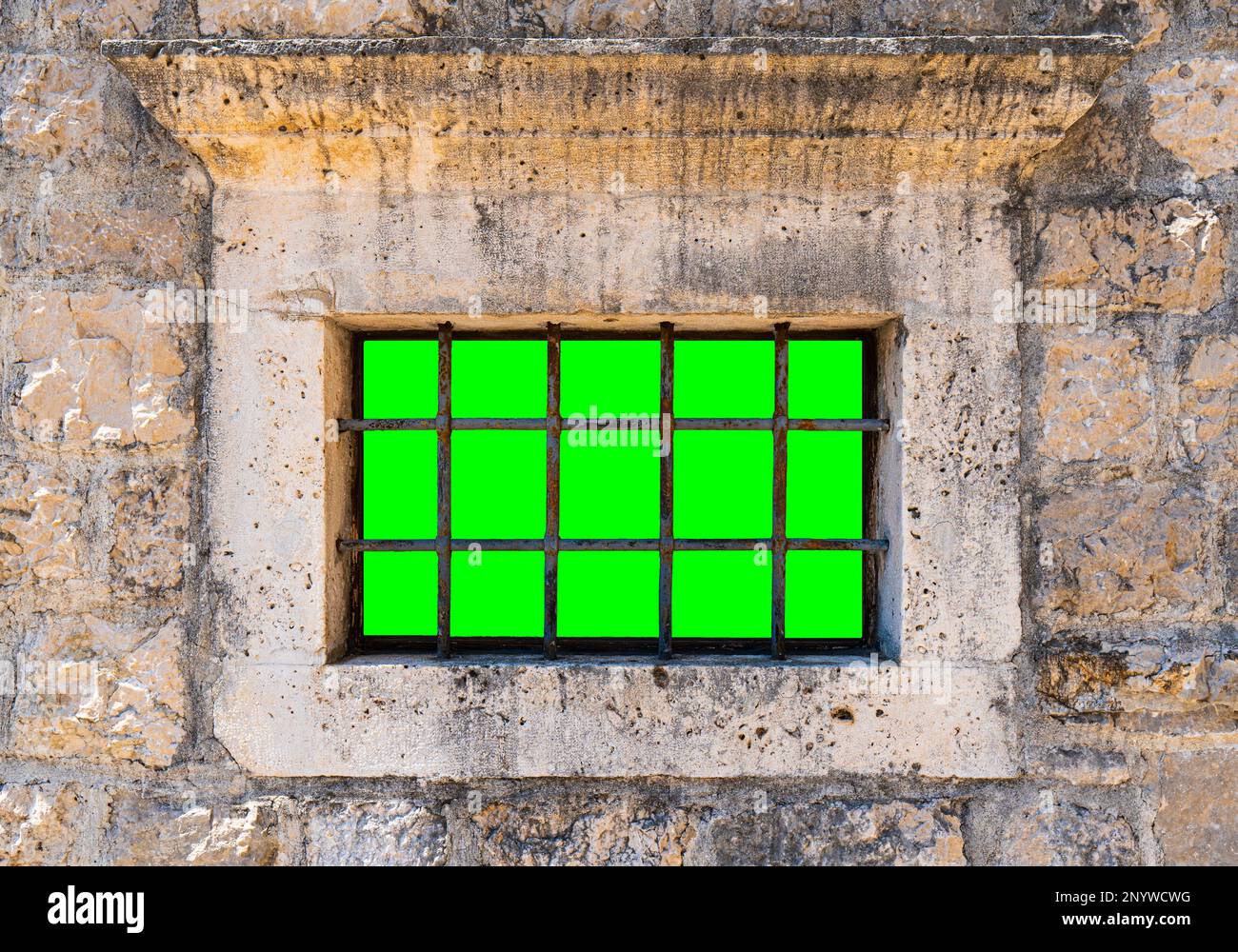 Building's facade. Window with metal bars. Croma key. Green background ...