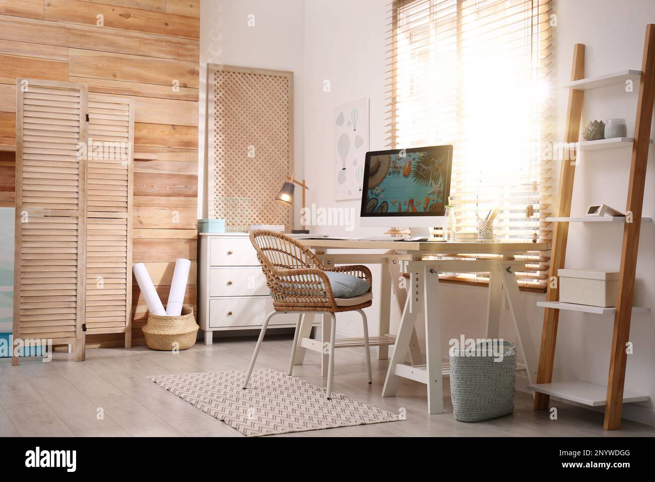 Comfortable workplace with modern computer near window. Interior design ...