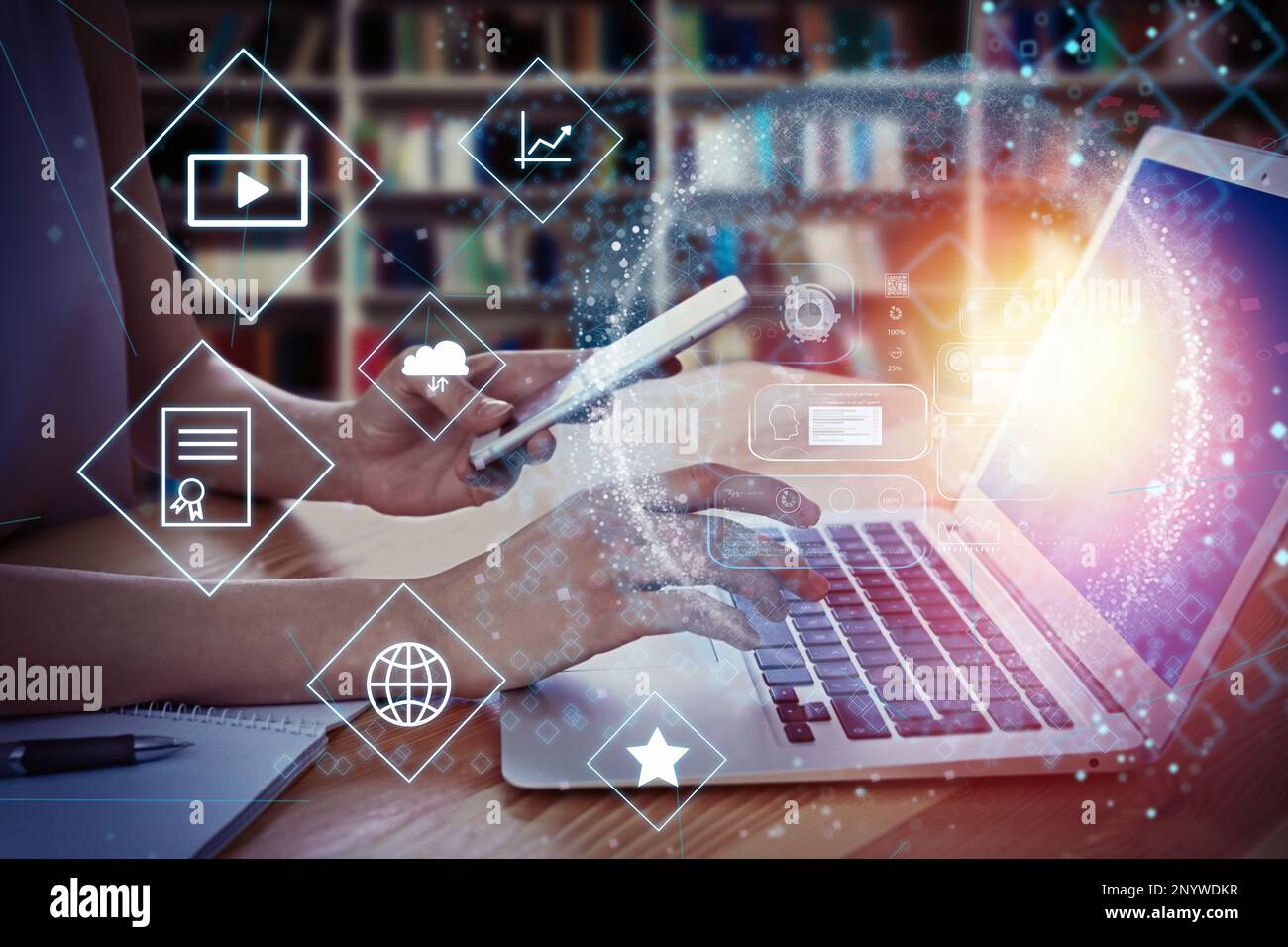 Student using laptop in library and illustration of virtual icons ...