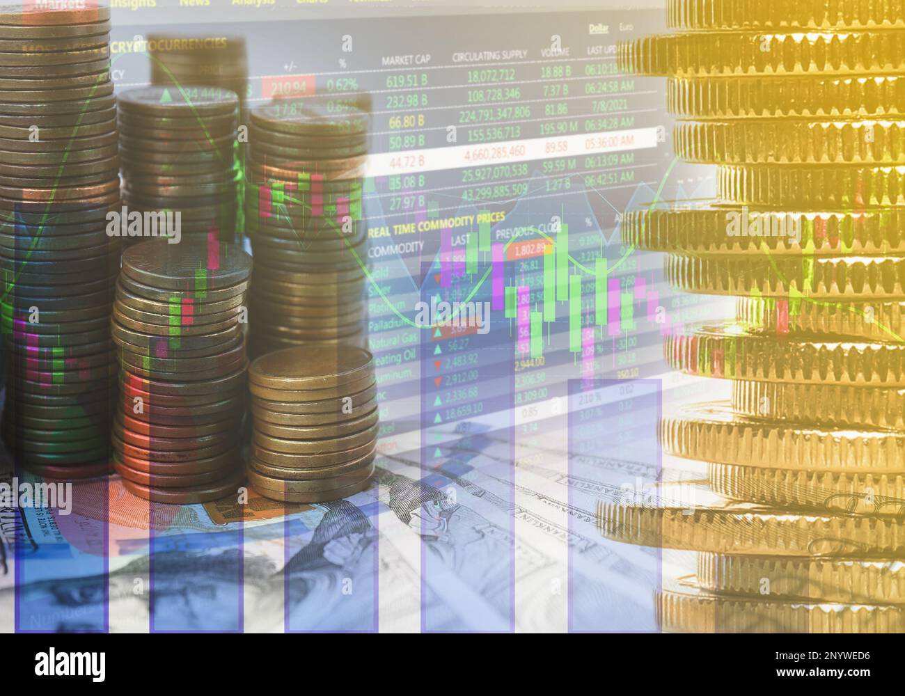 Double exposure of electronic trading platform and stacked coins. Stock ...