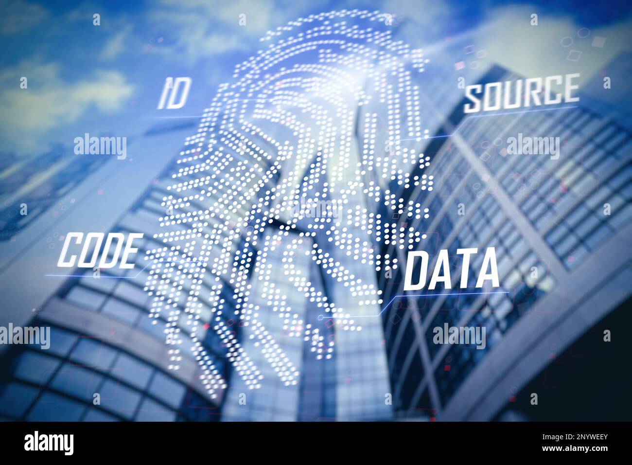 Fingerprint identification. Beautiful view of modern buildings in city ...