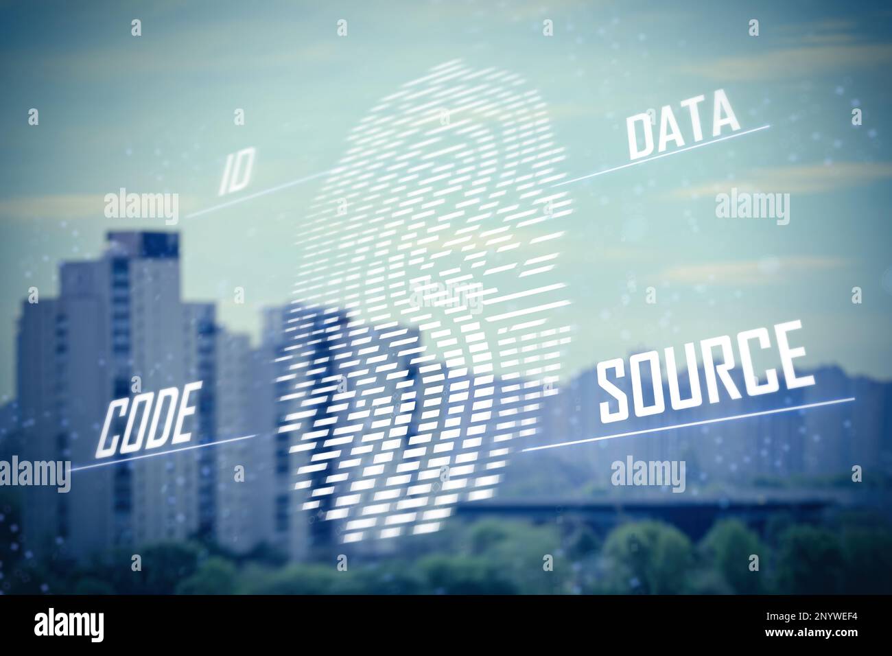 Fingerprint identification. Beautiful view of cityscape with modern ...