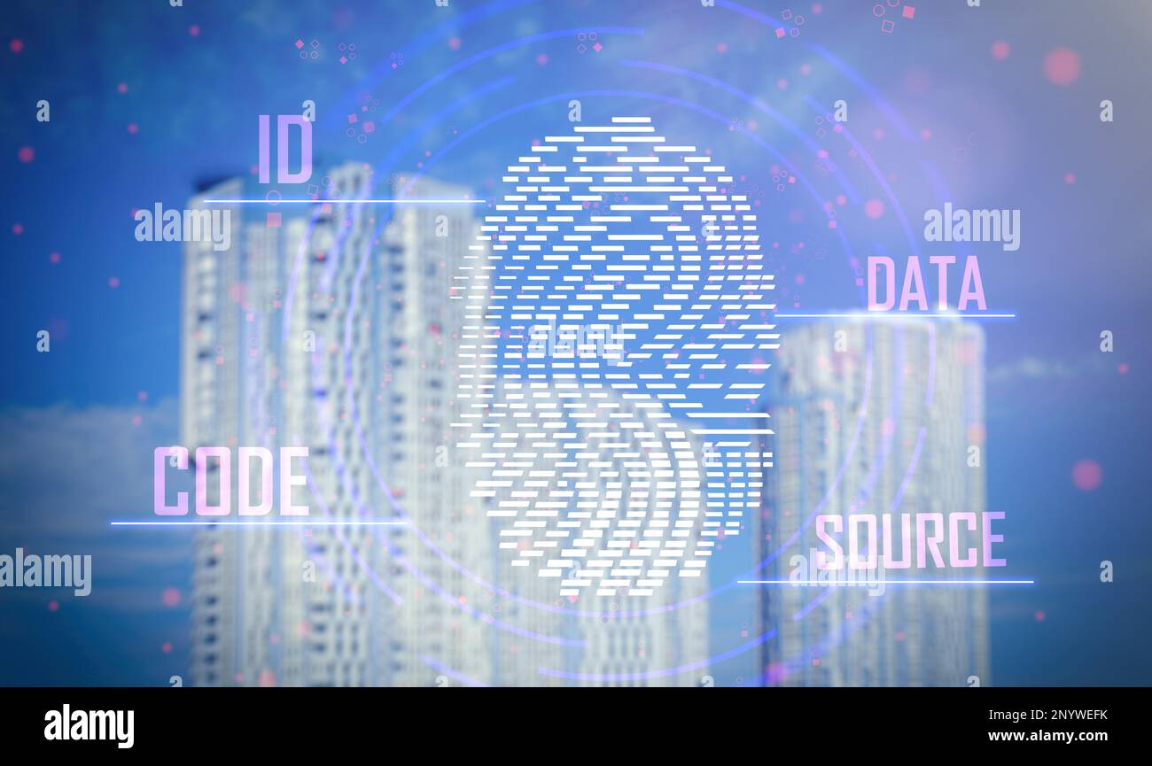 Fingerprint identification. Beautiful view of cityscape with modern ...