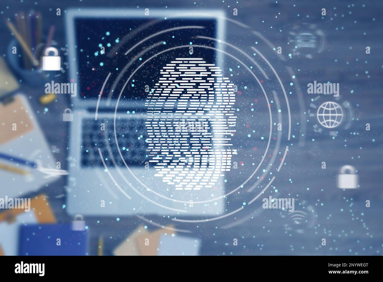 Fingerprint identification. Modern laptop and supplies on wooden table ...