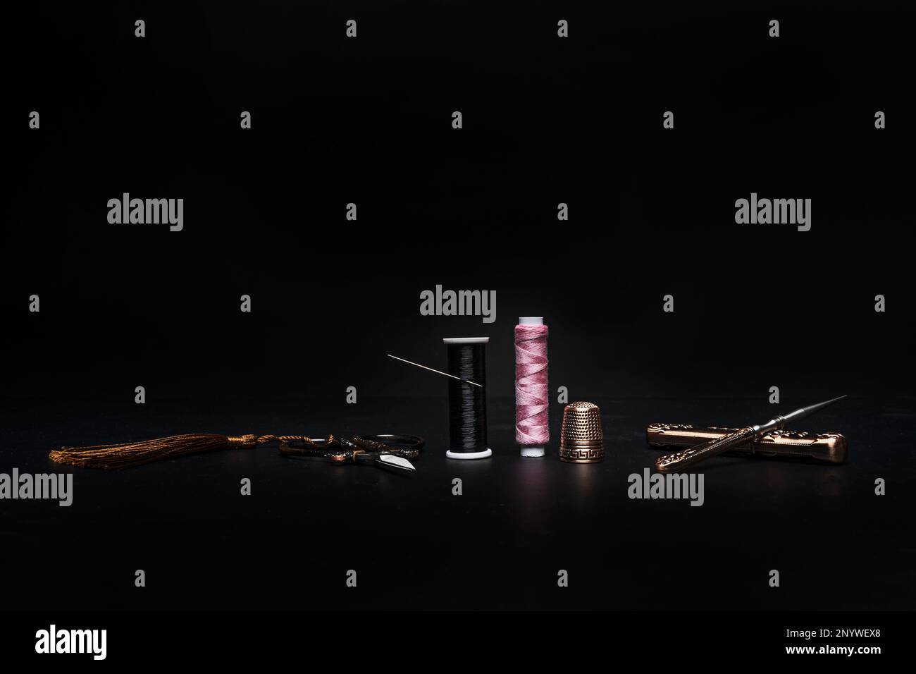 Sewing still life with beautiful vintage style scissors made of copper ...