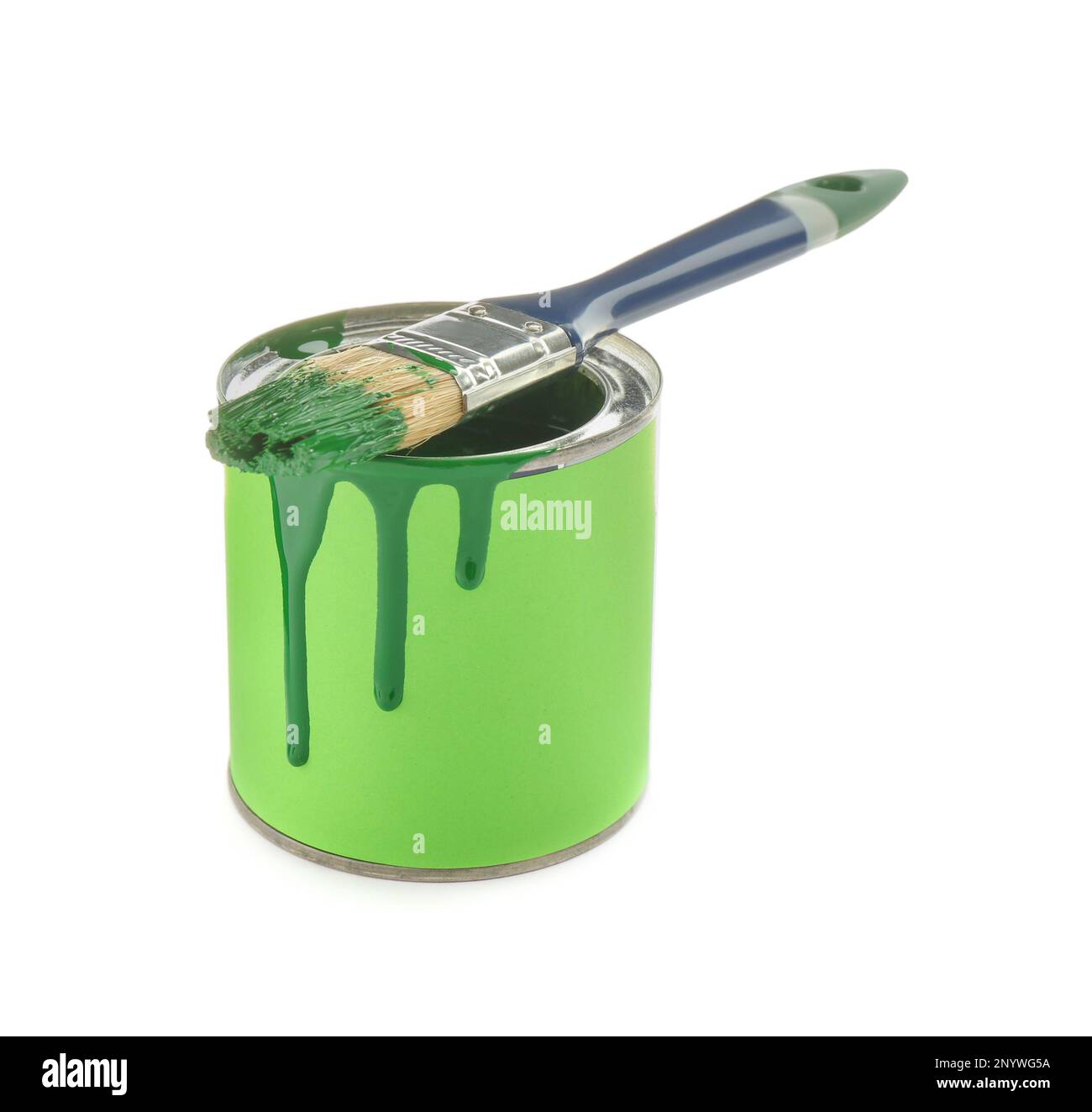 Can of green paint with brush on white background Stock Photo - Alamy
