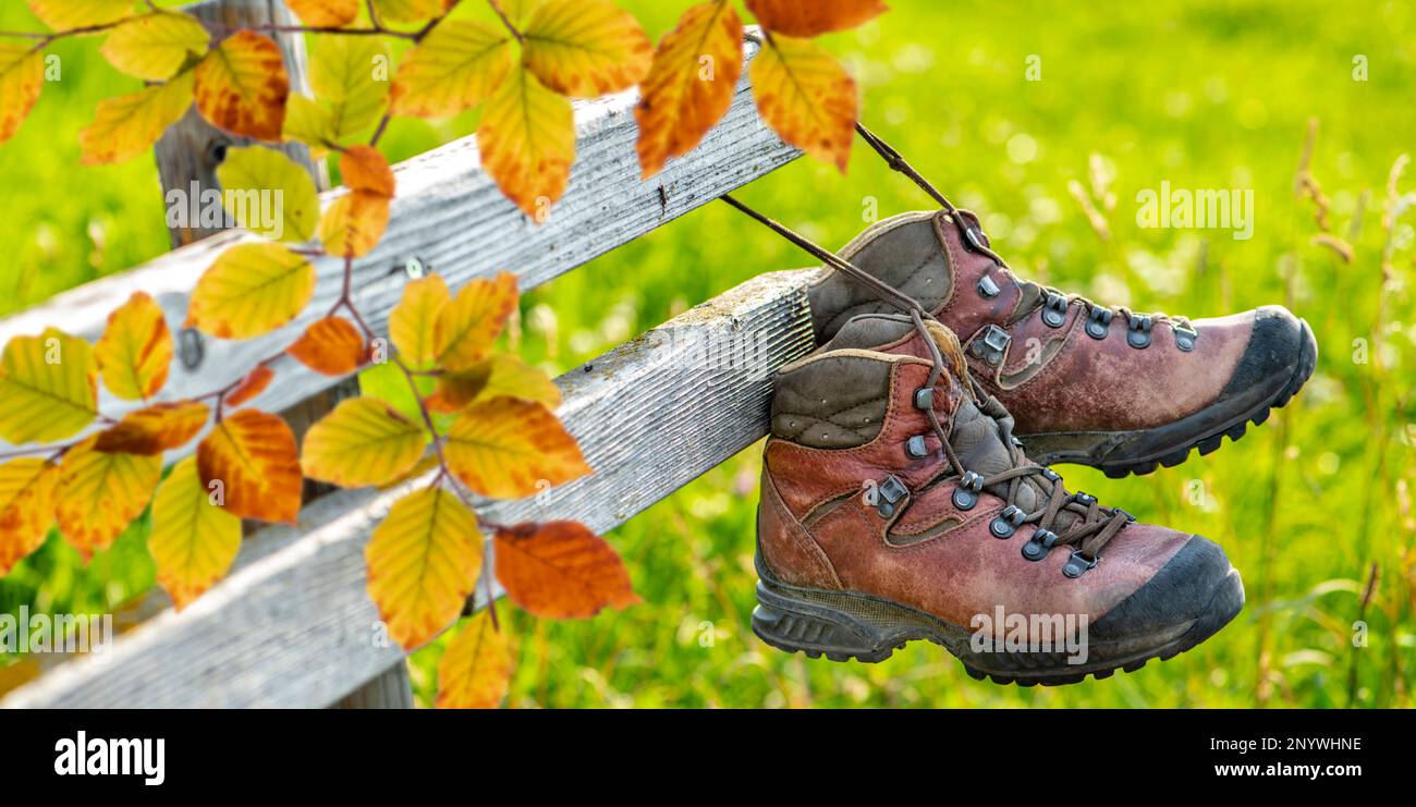 hiking boots after long tour Stock Photo - Alamy