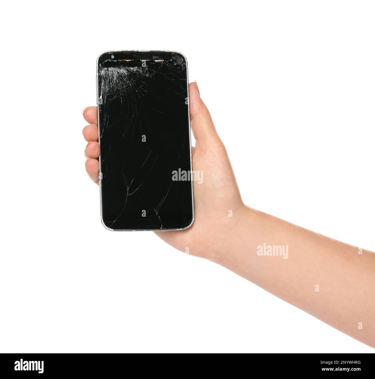 Woman holding damaged smartphone on white background, closeup. Device ...