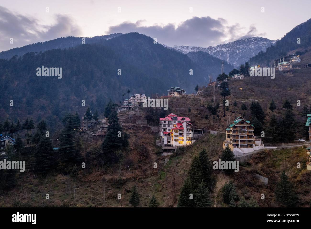 aerial drone shot of manali hill station blue hour evening with ...