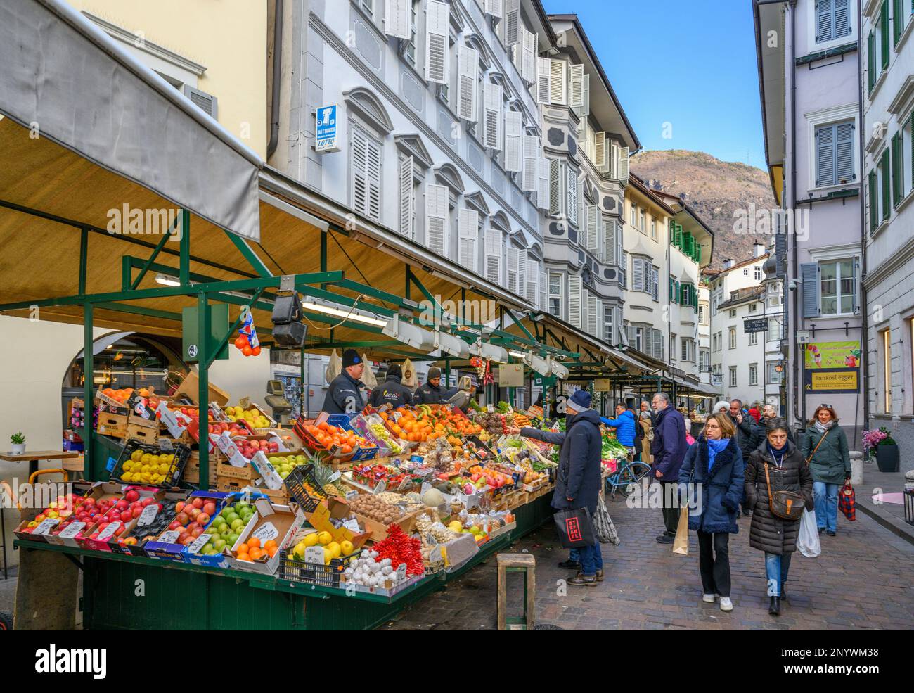 Market stalls on Piazza delle Erbe, Bolzano, Italy (Bozen Stock Photo ...