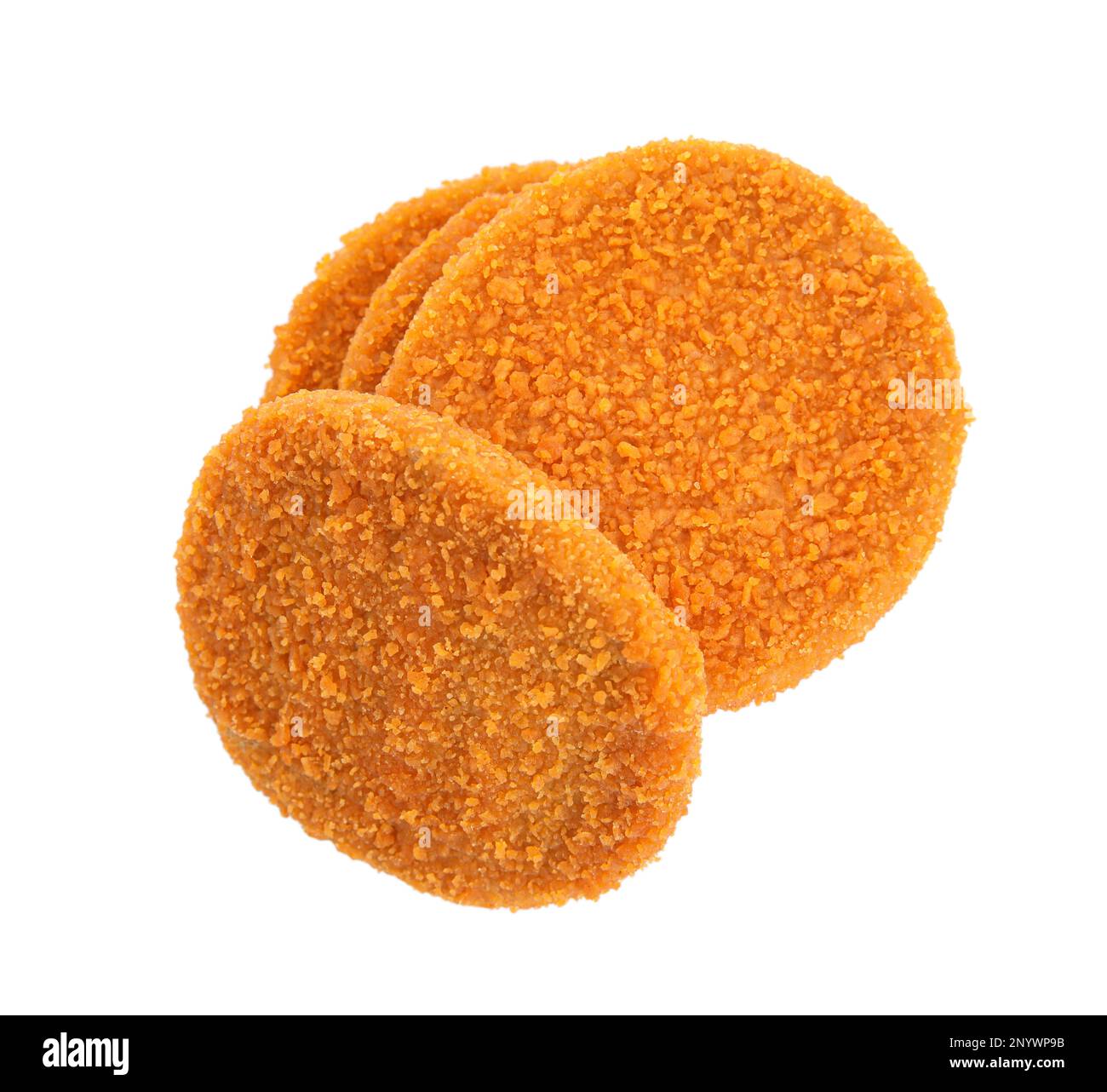 Delicious fried breaded cutlets on white background, top view Stock ...