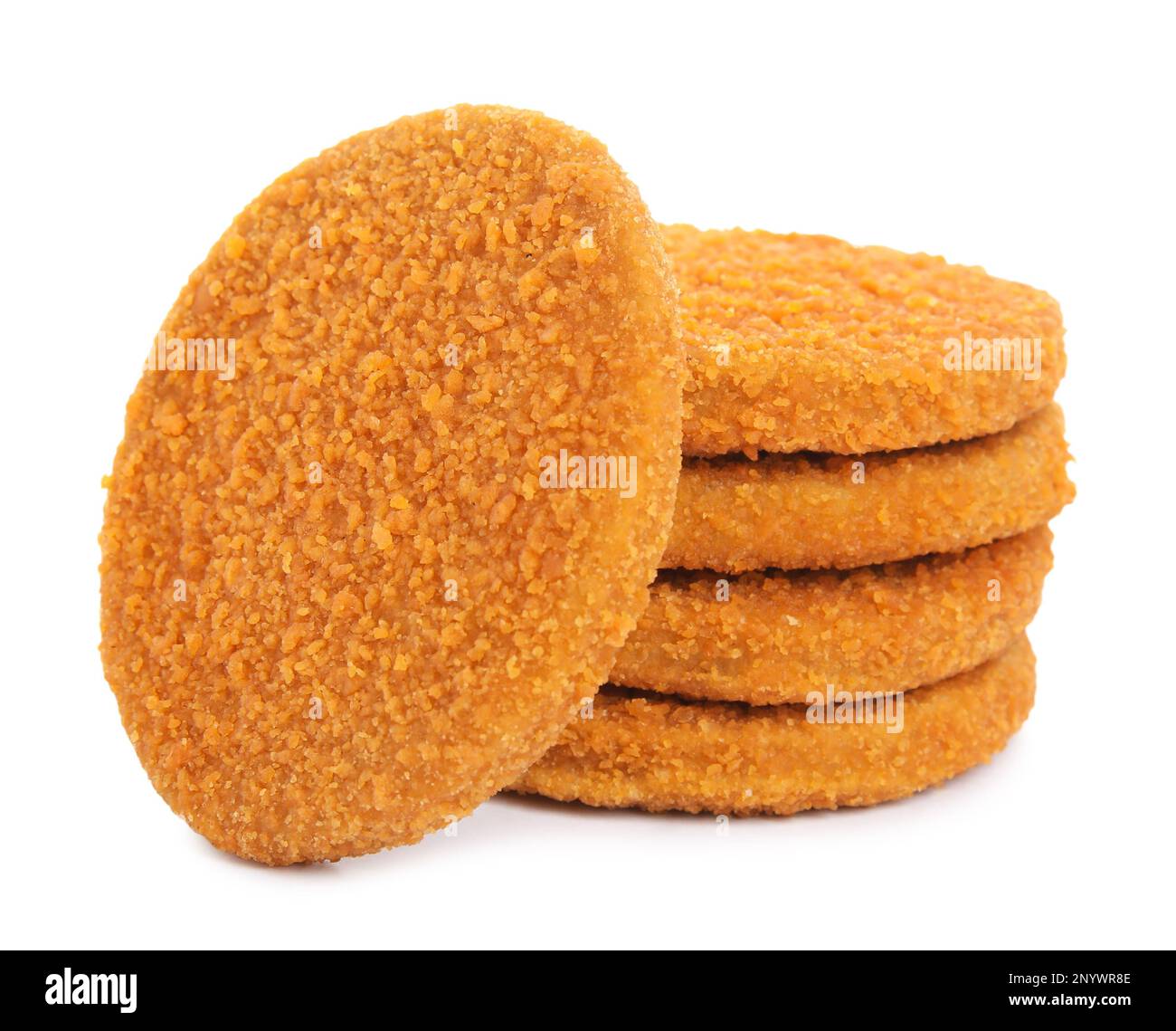 Uncooked breaded cutlets on white background. Freshly frozen semi ...