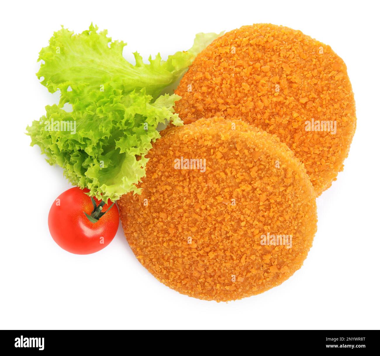Uncooked breaded cutlets, tomato and lettuce on white background, top ...