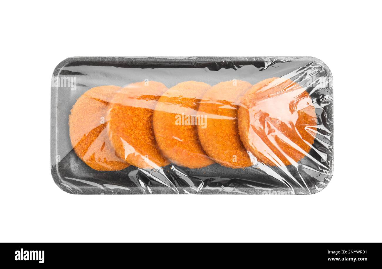 Uncooked breaded cutlets on white background, top view. Freshly frozen ...