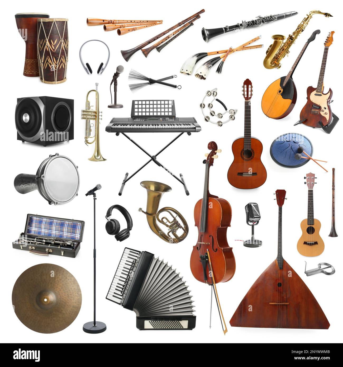Collection of different musical instruments on white background Stock ...