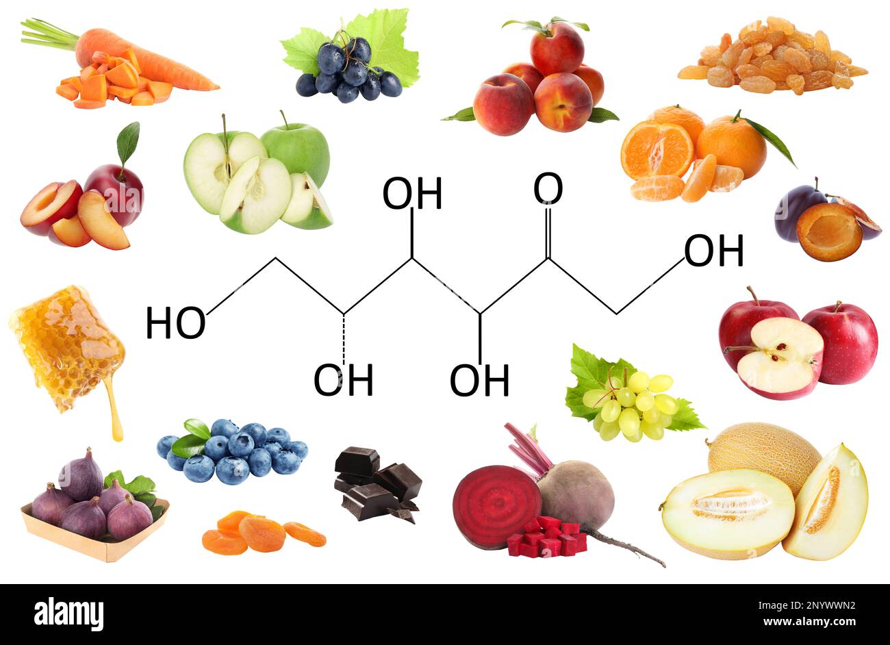 Collage with photos of different products containing fructose Stock ...
