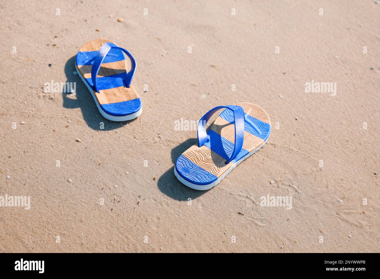 Pair of stylish flip flops on beach Stock Photo - Alamy