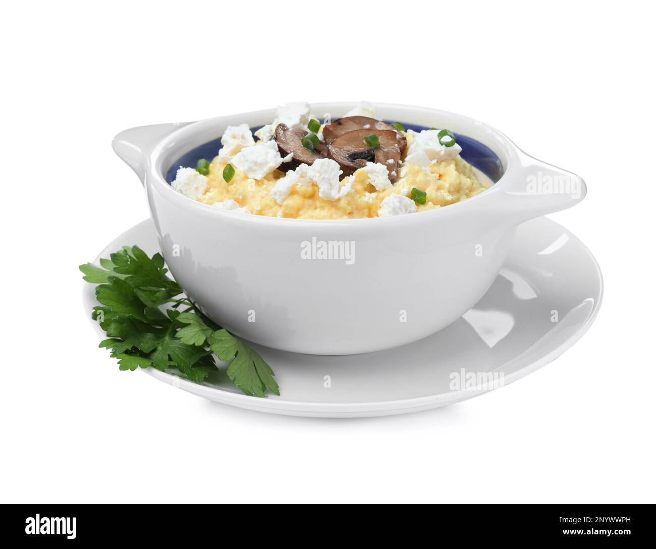 Delicious traditional banosh in bowl isolated on white Stock Photo - Alamy