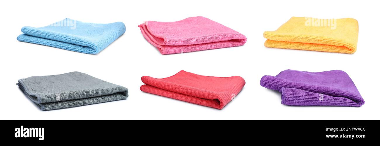Set with color microfiber cloths on white background. Banner design ...