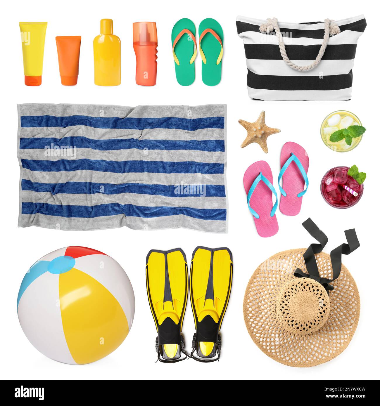 Set with towel and other beach accessories on white background Stock ...