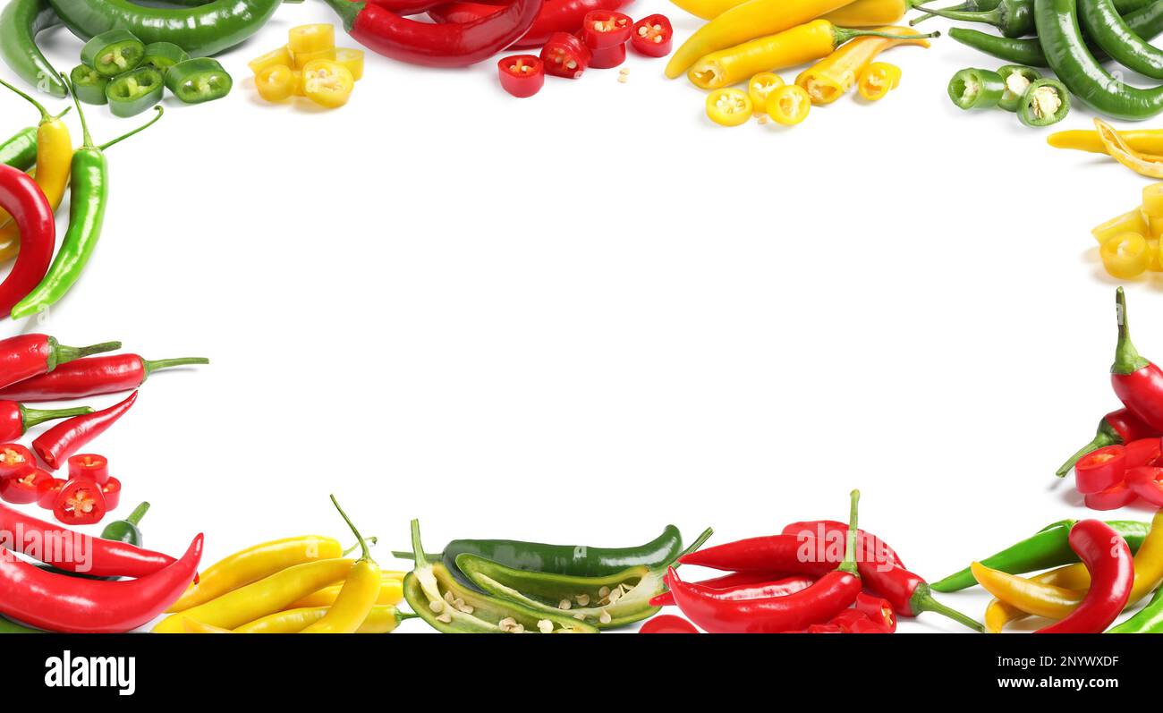 Frame made of different chili peppers on white background Stock Photo ...