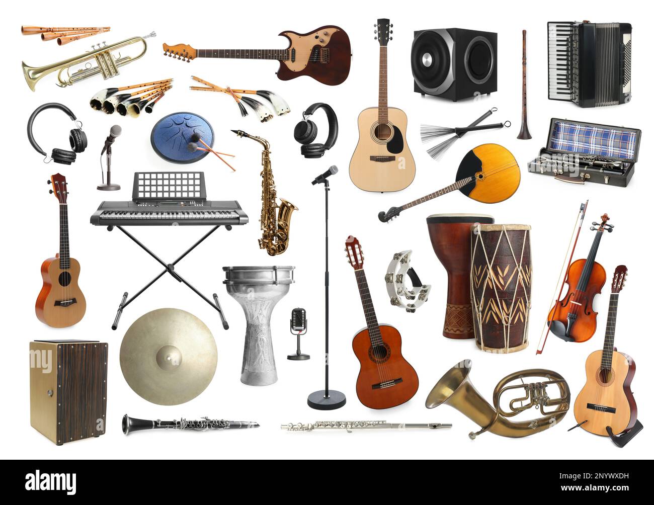 Collection of different musical instruments on white background Stock ...