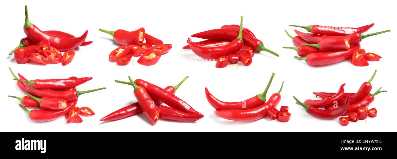 Set with ripe red chili peppers on white background. Banner design ...