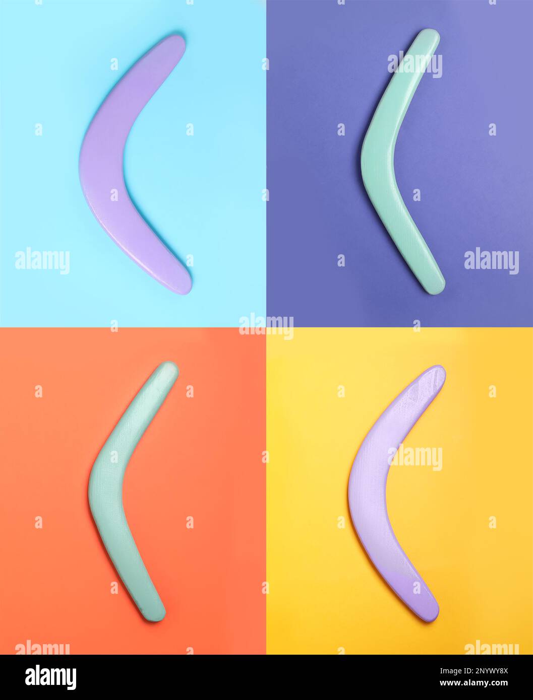 Collage with photos of boomerangs on different color backgrounds, top ...